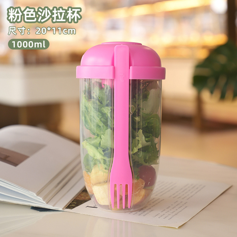 Buy 1L/1000ml Large Reusable Plastic Salad Cup with Fork Seperate Sauce ...